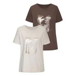 T-Shirt Vivance "mit goldfarben schimmerndem Folienprint", Damen, Gr. 40/42, beige (taupe, beige), Jersey, Obermaterial: 100% Baumwolle, bedruckt, metallic, bequem normal, Rundhals, Shirts T-Shirt, aus weicher Baumwoll-Qualit&auml;t