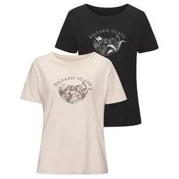 T-Shirt Vivance "mit schimmerndem Frontprint", Damen, Gr. 36/38, schwarz (beige, schwarz), Jersey, Obermaterial: 100% Baumwolle, bedruckt, bequem normal, Rundhals, Shirts T-Shirt, aus weicher Baumwoll-Qualit&auml;t