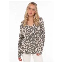 Langarmshirt Zwillingsherz, Damen, beige (hellbeige), Web, Obermaterial: 100% Viskose, gemustert, sehr bequem h&uuml;ftbedeckend, V-Ausschnitt, Shirts Langarmshirt, Leo-Muster, Langarm, V-Ausschnitt, hinten etwas l&auml;nger