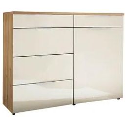 Kombikommode Wiemann "Como", bianco, eiche, dekor, glas champagner, chrom, B:140cm H:91,2cm T:43cm, Floatglas, Holzwerkstoff, Metall, Sideboards, Kombikommode, vormontiert