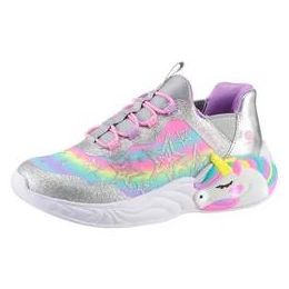 Slip-On Sneaker Skechers "UNICORN DREAMS LIGHTS", M&auml;dchen, Gr. 27, silber (silberfarben, pink, gelb), Synthetik, Textil, Glitzer, kontrastfarbene Details, Schuhe, Glitzer,-Blinkschuh zum Schlupfen, Gr&ouml;&szlig;enschablone zum Download
