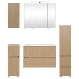 Badm&ouml;bel-Set Welltime "EIXO, 5tlg.-Set: Spiegelschrank, Waschtisch und Beim&ouml;bel", braun (eiche hell), B:140cm H:200cm T:47cm, Holzwerkstoff, Kastenm&ouml;bel-Sets, Badm&ouml;bel-Set, Set 140 cm breit, Badm&ouml;bel mit LED-Beleuchtung