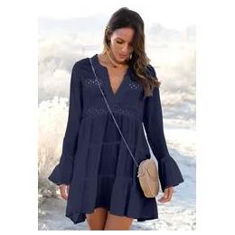Longbluse Lascana, Damen, Gr. 48/50, blau (marine), Web, Obermaterial: 100% Viskose. Spitze: 100% Baumwolle, figurumspielend kurz, V-Ausschnitt, Volant, Blusen Longbluse, mit Spitzeneins&auml;tzen, Tunika, Blusenkleid, Strandmode