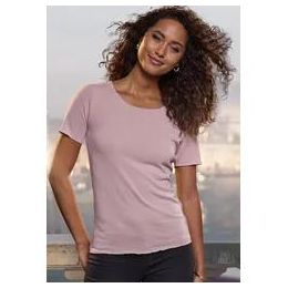 Rundhalsshirt Lascana "mit feiner Glitzereinfassung", Damen, Gr. 40/42, rosa, Feinstrick, Obermaterial: 62% Polyester (REPREVE), 34% Viskose, 4% Elasthan, Glanzfaden, unifarben, bequem, tiefer Rundhals, Shirts Rundhalsshirt, aus weichem Viskose-Feinstrick, Topseller