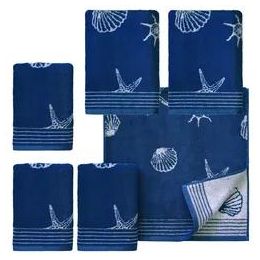 Handtuch Set Dyckhoff "Seashell", blau (marine), 6 Stk., Walkfrottee, Walkfrottee, Obermaterial: 100% Baumwolle, Handtuch-Sets, mit Muschelmuster; 4 Handt&uuml;cher (50x100cm), 2 Duscht&uuml;cher (70x140cm)