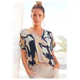 Druckbluse Lascana, Damen, Gr. 48/50, bunt (bedruckt), Web, Obermaterial: 100% Viskose, bedruckt, figurumspielend h&uuml;ftlang, tiefer V-Ausschnitt, Aufschlag, Blusen Druckbluse, mit kurzen &Auml;rmeln und Allover-Druck, Blusenshirt, Business-Look, Topseller