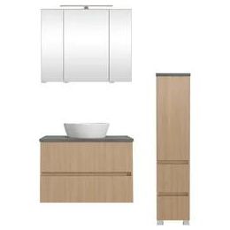 Badm&ouml;bel-Set Welltime "EIXO, Set aus Spiegelschrank, Waschtisch und Midischrank", braun (eiche hell), B:110cm H:200cm T:47cm, Holzwerkstoff, Kastenm&ouml;bel-Sets, Badm&ouml;bel-Set, Set 110 cm breit, Badm&ouml;bel mit LED-Beleuchtung