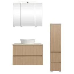 Badm&ouml;bel-Set Welltime "EIXO, Set aus Spiegelschrank, Waschtisch und Midischrank", braun (eiche hell), B:110cm H:200cm T:47cm, Holzwerkstoff, Kastenm&ouml;bel-Sets, Badm&ouml;bel-Set, Set 110 cm breit, Badm&ouml;bel mit LED-Beleuchtung