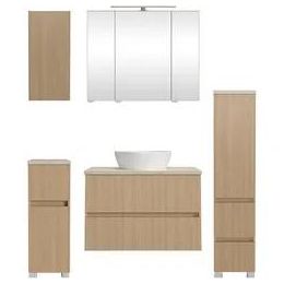 Badm&ouml;bel-Set Welltime "EIXO, 5tlg.-Set: Spiegelschrank, Waschtisch und Beim&ouml;bel", braun (eiche hell), B:110cm H:200cm T:47cm, Holzwerkstoff, Kastenm&ouml;bel-Sets, Badm&ouml;bel-Set, Set 140 cm breit, Badm&ouml;bel mit LED-Beleuchtung