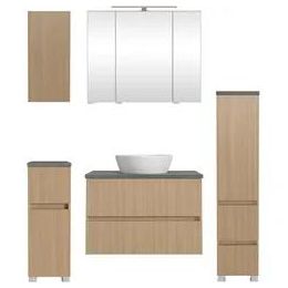 Badm&ouml;bel-Set Welltime "EIXO, 5tlg.-Set: Spiegelschrank, Waschtisch und Beim&ouml;bel", braun (eiche hell), B:110cm H:200cm T:47cm, Holzwerkstoff, Kastenm&ouml;bel-Sets, Badm&ouml;bel-Set, Set 140 cm breit, Badm&ouml;bel mit LED-Beleuchtung