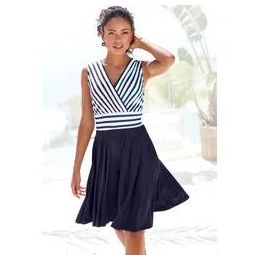 Sommerkleid Lascana, Damen, Gr. 38, N-Gr, wei&szlig;, navy gestreift, Single Jersey, Obermaterial: 95% Polyester, 5% Elasthan, gestreift, unifarben, figurumspielend kniefrei, tiefer V-Ausschnitt, Kleider Sommerkleid, in Wickeloptik, Strandkleid, maritim