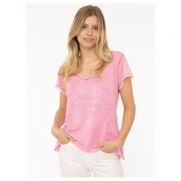 T-Shirt Zwillingsherz "Positive Mind", Damen, Gr. SM (S/M), pink, Stoff, Obermaterial: 100% Baumwolle, h&uuml;ftbedeckend, V-Ausschnitt, Shirts T-Shirt, V-Ausschnitt, Kurzarm, Used-Look, Baumwolle, ausgefranste Kanten