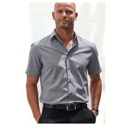 H.I.S. Kurzarmhemd H.I.S "Regular-fit", Herren, Gr. S (37/38), N-Gr, grau, Web, Obermaterial: 67% Baumwolle, 30% Polyester, 3% Elasthan, unifarben, regular fit, abgesteppte Kante, Hemden, elastisches Jaquard-Kurzarmhemd