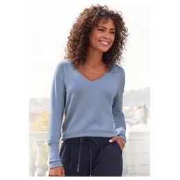 V-Ausschnitt-Pullover Vivance, Damen, Gr. 32/34, blau (hellblau), Feinstrick, Obermaterial: 83% Viskose, 15% Polyamid, 2% Elasthan, unifarben, figurbetont h&uuml;ftlang, tiefer V-Ausschnitt, Rippstrickb&uuml;ndchen, Pullover, in taillierter Form, weicher Strickpullover, Basic, klassisch, Topseller