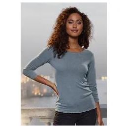 Langarmshirt Lascana "mit feiner Glitzereinfassung", Damen, Gr. 32/34, blau (hellblau), Feinstrick, Obermaterial: 62% Polyester (REPREVE), 34% Viskose, 4% Elasthan, Glanzfaden, unifarben, bequem, tiefer Rundhals, Shirts Langarmshirt, aus weichem Viskose-Feinstrick
