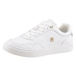 Plateausneaker Tommy Hilfiger "ESSENTIAL ELEVATED COURT SNEAKER", Damen, Gr. 42, gold (wei&szlig;, goldfarben), Leder, Schuhe Plateausneaker, Freizeitschuh, Halbschuh, Schn&uuml;rer im Basket-Look