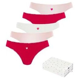 String Lascana "Geschenk Box", Damen, Gr. 44/46, rot (rot, creme, rosa), Single Jersey, Obermaterial: 95% Baumwolle, 5% Elasthan. Spitze: 90% Polyamid, 10% Elasthan, bedruckt, gemustert, unifarben mit Farbeins&auml;tzen, k&ouml;rpernah, Unterhosen String, mit s&uuml;&szlig;en Herzchen-Prints und aus elastischer Baumwoll-Qualit&auml;t