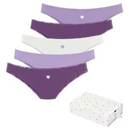 Brasilslip Lascana "Geschenk Box", Damen, Gr. 48/50, lila (lila, flieder, creme), Single Jersey, Obermaterial: 95% Baumwolle, 5% Elasthan. Spitze: 90% Polyamid, 10% Elasthan, bedruckt, gemustert, unifarben mit Farbeins&auml;tzen, k&ouml;rpernah, Unterhosen, mit s&uuml;&szlig;en Herzchen-Prints und aus elastischer Baumwoll-Qualit&auml;t
