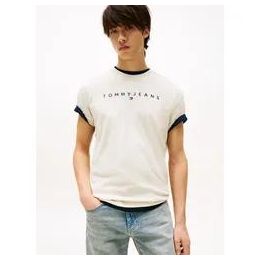 Tommy Hilfiger T-Shirt TOMMY JEANS "TJM REG LINEAR LOGO TEE EXT", Herren, Gr. M, beige (desert sand dune), Single Jersey, Obermaterial: 100% Baumwolle, bestickt, unifarben, regular fit normal, Rundhals, abgesteppte Kante, Shirts T-Shirt, Rundhals, Regular Fit