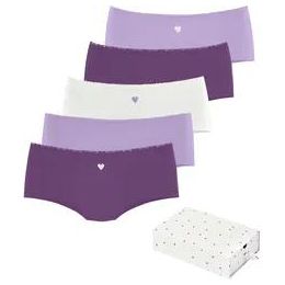 Panty Lascana "Geschenk Box", Damen, Gr. 40/42, lila (lila, flieder, creme), Single Jersey, Obermaterial: 95% Baumwolle, 5% Elasthan. Spitze: 90% Polyamid, 10% Elasthan, bedruckt, gemustert, unifarben mit Farbeins&auml;tzen, k&ouml;rpernah, Unterhosen Panty, mit s&uuml;&szlig;en Herzchen-Prints und aus elastischer Baumwoll-Qualit&auml;t