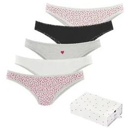 Brasilslip Lascana "Geschenk Box", Damen, Gr. 40/42, bunt (creme, grau, schwarz, rot), Single Jersey, Obermaterial: 95% Baumwolle, 5% Elasthan. Spitze: 90% Polyamid, 10% Elasthan, bedruckt, gemustert, unifarben mit Farbeins&auml;tzen, k&ouml;rpernah, Unterhosen, mit s&uuml;&szlig;en Herzchen-Prints und aus elastischer Baumwoll-Qualit&auml;t