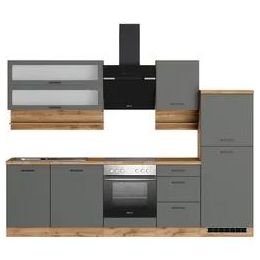 K&uuml;chenzeile KOCHSTATION "Betty", k&uuml;che: grau, front: grau matt, korpus: wotaneichefarben, arbeitsplatte: wotaneichefarben, B:280cm H:166cm T:60cm, Komplettk&uuml;chen-Sets, K&uuml;chenzeile, Breite 280 cm, mit E-Ger&auml;ten von Bauknecht