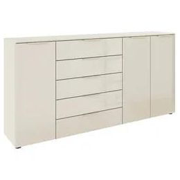 Kombikommode Rauch "Kommode T&uuml;rkommode Sideboard Kombikommode FLIPP mit Glasfront", beige (beige, glas beige (champagner)), B:200cm H:100cm T:42cm, Holzwerkstoff, Sideboards, Kombikommode, 3-t&uuml;rig mit 5 Schubladen und Soft-Close-Funktion sowie Glasfront