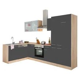Winkelk&uuml;che Optifit "Kalmar", grau (k&uuml;che: grau, korpus: eichefarben hell, arbeitsplatte: eichefarben hell), B:300cm H:207cm T:60cm, Komplettk&uuml;chen-Sets, Stellbreite 300x175 cm, wahlweise mit E-Ger&auml;ten, mit Arbeitsplatte