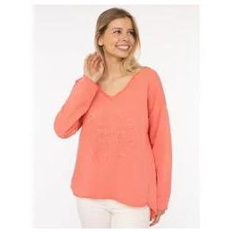 Sweatshirt Zwillingsherz "Positive Mind", Damen, Gr. L/XL, orange (koralle), Sweatware, Obermaterial: 70% Baumwolle, 30% Polyester, unifarben, used, l&auml;ssig geschnitten Po-bedeckend, V-Ausschnitt, Sweatshirts Sweatshirt, ausgefranster V-Ausschnitt, Used Look, Langarm, Schriftzug