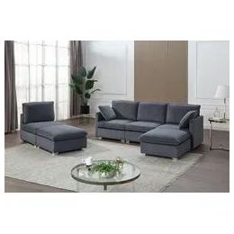 Wohnlandschaft, grau, B:310cm H:87cm T:88cm, ATLANTIC HOME COLLECTION, Sofas, Wohnlandschaft, modularer 4-Sitzer mit 2 Hockern, weicher Cordbezug