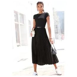 Midikleid Lascana, Damen, Gr. 46, N-Gr, schwarz, Web, Obermaterial: 100% Polyester. Obermaterial 2: 100% Polyester, unifarben, figurumspielend Midi, Rundhals, Kleider Midikleid, mit Plisseerockteil, elegantes Basic, modisch