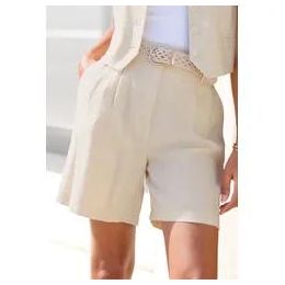 Bermudas Lascana, Damen, Gr. 40, N-Gr, beige (sand), Web, Obermaterial: 85% Viskose, 15% Leinen, unifarben, figurumspielend ca. Mitte Oberschenkel, Hosen Bermudas, mit modischen Bundfalten, feminine Sommershorts, Webshorts