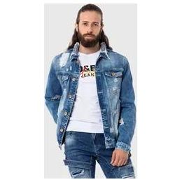 Cipo & Baxx Jeansjacke CIPO & BAXX "Jacke", Herren, Gr. S, blau, Stoff, 100% Baumwolle, unifarben, regular fit normal, Jacken Jeansjacke, im destroyed Look