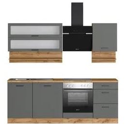 K&uuml;chenzeile KOCHSTATION "KS-Betty", k&uuml;che: grau, front: grau matt, korpus: wotaneichefarben, arbeitsplatte: wotaneichefarben, B:220cm T:60cm, Komplettk&uuml;chen-Sets, K&uuml;chenzeile, Breite 220 cm, mit E-Ger&auml;ten von Bauknecht