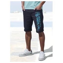 Bermudas John Devin "aus elastischer Baumwollmischung", Damen, Gr. 36, N-Gr, blau (navy), Web, Obermaterial: 98% Baumwolle, 2% Elasthan, unifarben, bequem kurz, Hosen Bermudas, mit gro&szlig;em Druck auf dem Bein, 3/4 Shorts