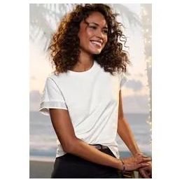 Kurzarmshirt Lascana "mit glitzernem Strass-Design am Arm", Damen, Gr. 36/38, beige (creme), Single Jersey, Obermaterial: 100% Baumwolle, unifarben, figurumspielend, Rundhals, Shirts, aus weicher Baumwoll-Qualit&auml;t