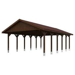 Skan Holz Doppelcarport SKANHOLZ "Wallgau", braun (nussbaum), B/H/T: 620cm x 215cm x 900cm, Carports, mit roten Dachschindeln