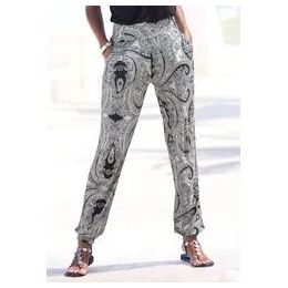 Jerseyhose Lascana, Damen, Gr. 44, N-Gr, schwarz (schwarz, creme bedruckt), Jersey, Obermaterial: 100% Viskose, Paisley, bedruckt, figurumspielend lang, Hosen Jerseyhose, mit Paisleydruck und Taschen, elastischer Bund, Sommerhose