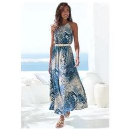 Maxikleid Lascana, Damen, Gr. 34, N-Gr, blau (blau bedruckt), Web, Obermaterial: 100% Viskose, bedruckt, figurumspielend bodenlang, amerikanischer Ausschnitt, Kleider Maxikleid, mit Alloverprint, leichtes Sommerkleid, flie&szlig;endes Strandkleid