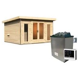 Saunahaus Karibu "Maiko 2A", beige (naturbelassen), Saunaofen, externe Steuerung, 9 kW, Saunen, Ofen 9 KW externe Strg easy