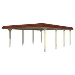 Skan Holz Doppelcarport SKANHOLZ "Wendland", beige (natur), B/H/T: 630cm x 216cm x 879cm, Carports, mit Aluminiumdach, rote Blende
