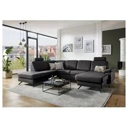Wohnlandschaft DIE PLANBAR "PN-EM15047 U-Form, mit Kopfst&uuml;tzen", schwarz, B:309cm H:104cm T:235cm, Sofas, Wohnlandschaft, Echtleder, wahlweise mit Bettfunktion u. Stauraum