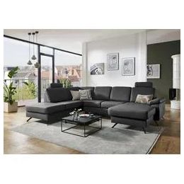 Wohnlandschaft DIE PLANBAR "PN-EM15047 U-Form, mit Kopfst&uuml;tzen", grau (anthrazit), B:309cm H:104cm T:235cm, Sofas, Wohnlandschaft, Echtleder, wahlweise mit Bettfunktion u. Stauraum