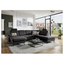 Wohnlandschaft DIE PLANBAR "PN-EM15047 U-Form, mit Kopfst&uuml;tzen", schwarz, B:309cm H:104cm T:235cm, Sofas, Wohnlandschaft, Echtleder, wahlweise mit Bettfunktion u. Stauraum