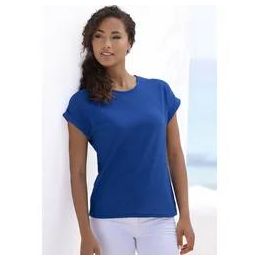 T-Shirt Vivance "mit modischer Struktur", Damen, Gr. 40/42, blau (royalblau, creme), Strick, Obermaterial: 65% Polyester (REPREVE), 35% Baumwolle, Strukturmuster, unifarben, Basic, bequem, Rundhals, mit Aufschlag Aufschlag, Shirts T-Shirt, aus b&uuml;gelfreier Qualit&auml;t mit Baumwolle