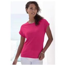 T-Shirt Vivance "mit modischer Struktur", Damen, Gr. 40/42, orange (koralle, creme), Strick, Obermaterial: 65% Polyester (REPREVE), 35% Baumwolle, Strukturmuster, unifarben, Basic, bequem, Rundhals, mit Aufschlag Aufschlag, Shirts T-Shirt, aus b&uuml;gelfreier Qualit&auml;t mit Baumwolle
