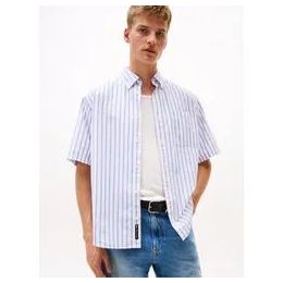 Tommy Hilfiger Kurzarmhemd TOMMY JEANS "TJM POPLIN RLX SS SHIRT EXT", Herren, Gr. 3XL, N-Gr, beige (ecru stripes), Web, Obermaterial: 100% Baumwolle, gemustert, gestreift, mehrfarbig, regular fit normal, Rundhals, eingesetzt abgesteppte Kante, Hemden, Mit Rundhalsausschnitt