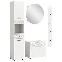 Badezimmer-Set Welltime "VICENZA, TOPSELLER, Breite 141cm, 4-teilig, mit Ornamentabsetzung", wei&szlig;, B:141cm H:187cm T:37cm, Holzwerkstoff, MDF, Kastenm&ouml;bel-Sets, Hochschrank, Waschbeckenunterschrank, Spiegelschrank und Hakenleiste