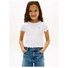 T-Shirt Tommy Hilfiger "ESSENTIAL RIB TOP mit Babylock-Kanten und Stickerei", M&auml;dchen, Gr. 4 (104), wei&szlig;, Rippware, Obermaterial: 95% Baumwolle, 5% Elasthan, unifarben, normal h&uuml;ftlang, Rundhals, Rollkante, Shirts T-Shirt, unifarben, casual, regular fit, Baumwollmix, Rundhals