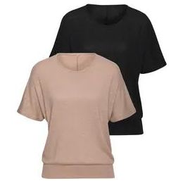 Kurzarmshirt Vivance "mit breitem Bund", Damen, Gr. 36/38, schwarz (beige, schwarz), Feinstrick, Obermaterial: 55% Polyester (REPREVE), 43% Viskose, 2% Elasthan, meliert, bequem normal, Rundhals, Shirts, aus weichem Viskose-Feinstrick